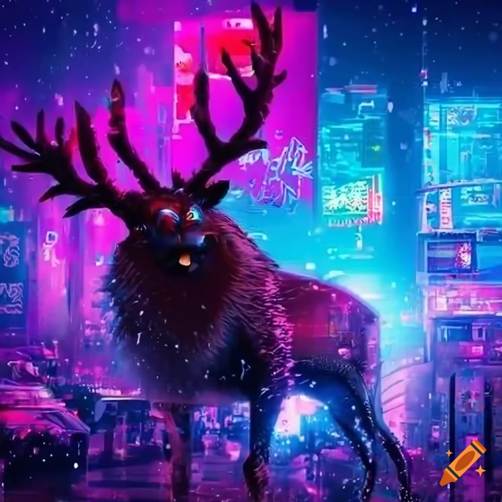 Neon cyberpunk reindeer with red nose in a snowy city on Craiyon