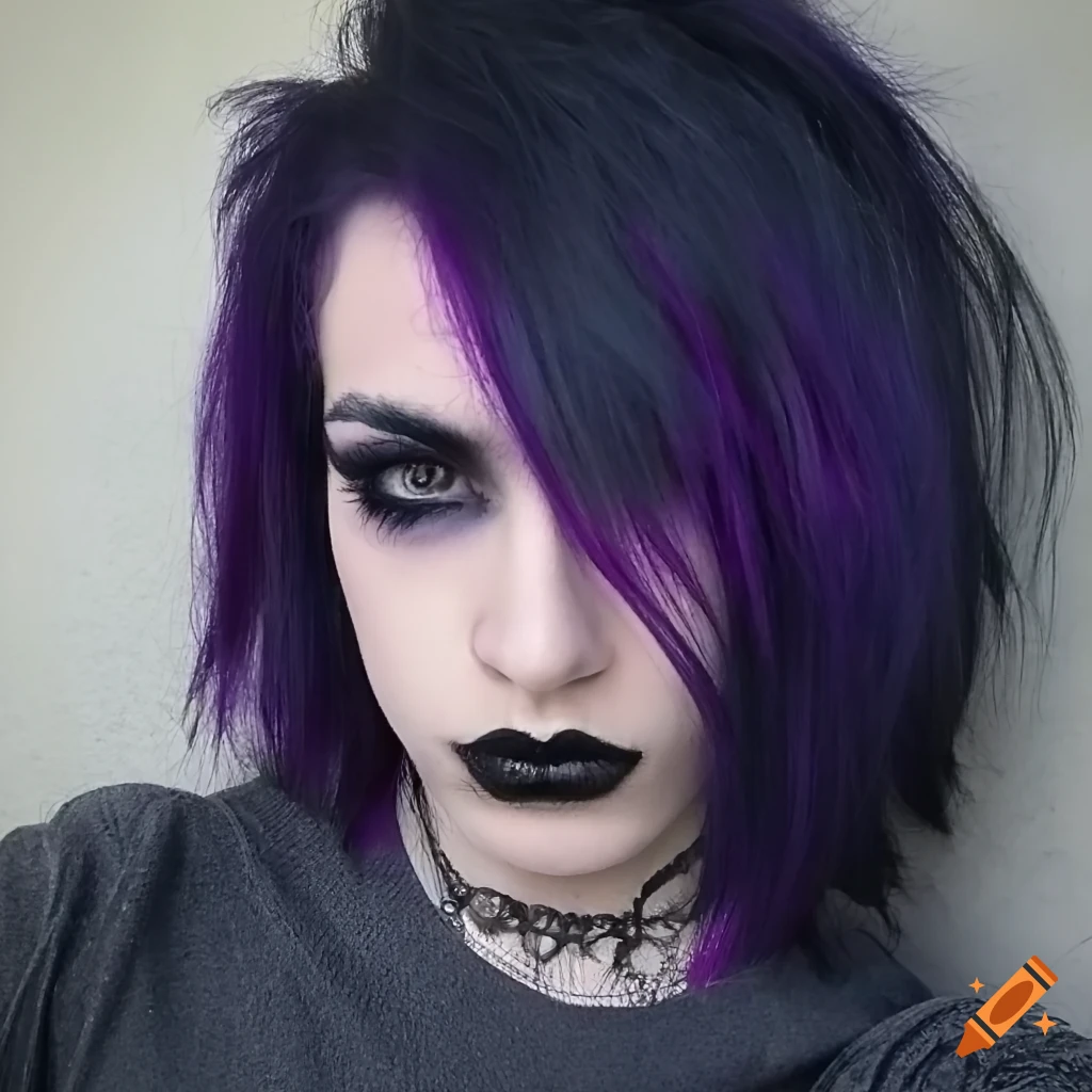 Cool goth guy with dark purple and black hair and makeup