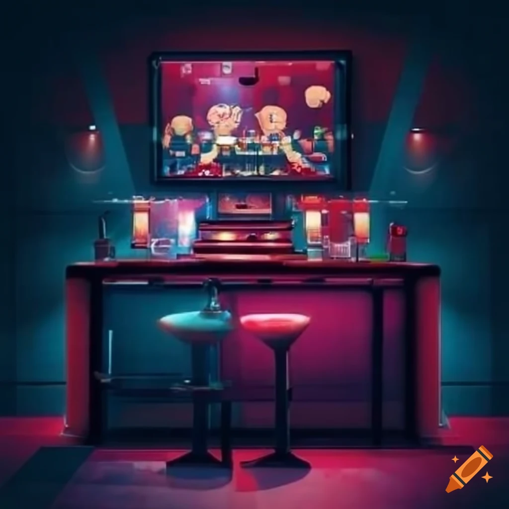Pixellated bar counter with football and gaming atmosphere