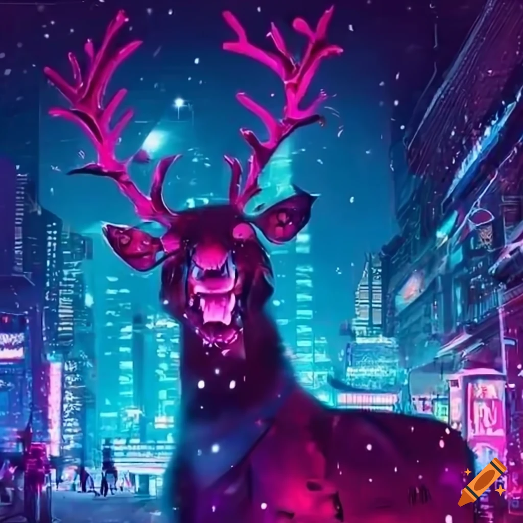 Neon cyberpunk reindeer roaring in a snowfall