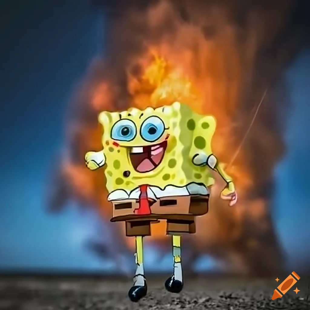 Spongebob running from an explosion