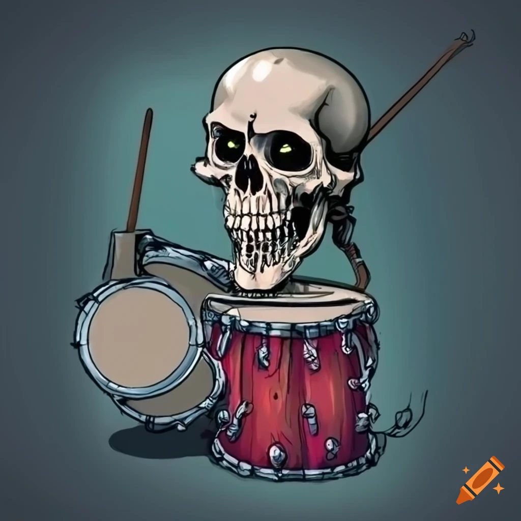 Drawing of a skeleton playing drums