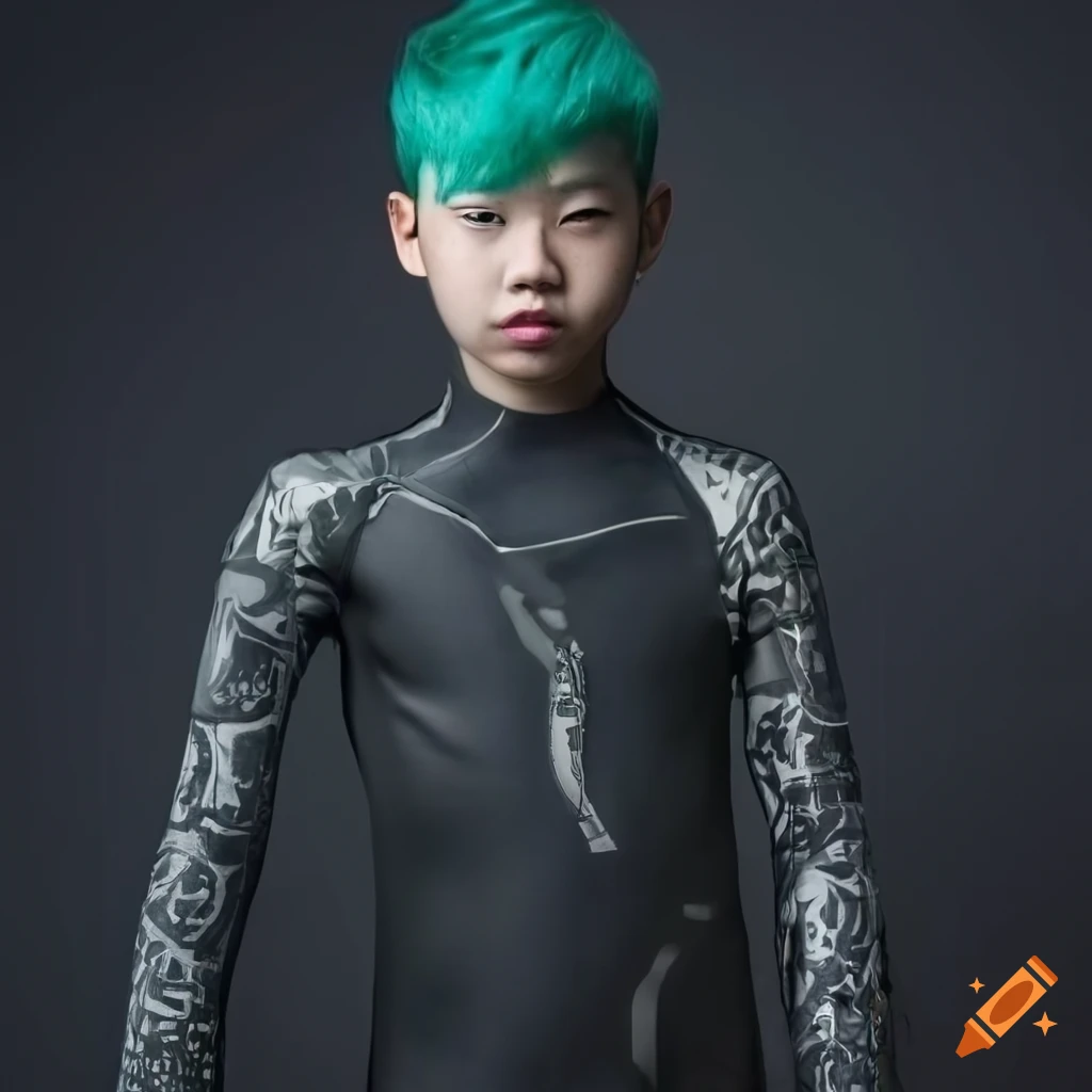 Edgy asian teenager boy in futuristic wetsuit