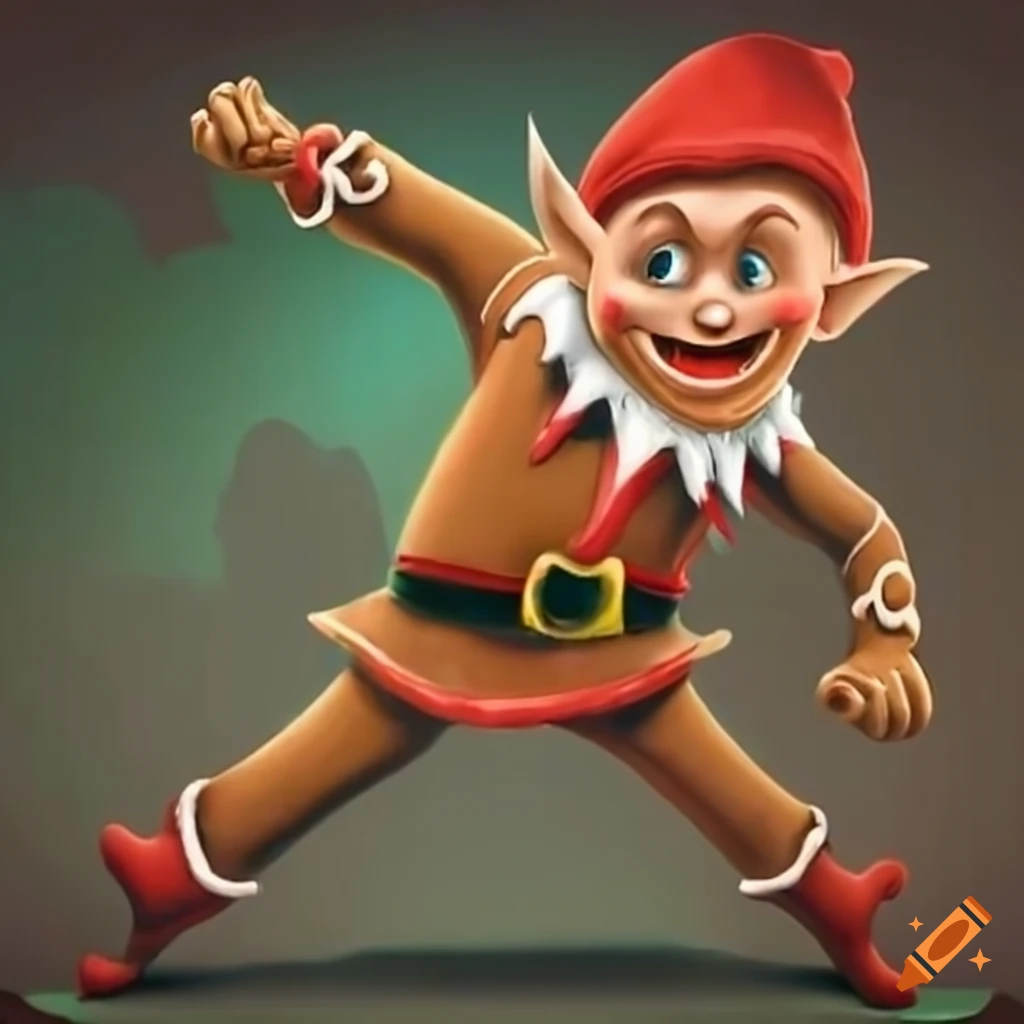 Illustration of an elf battling a gingerbread man