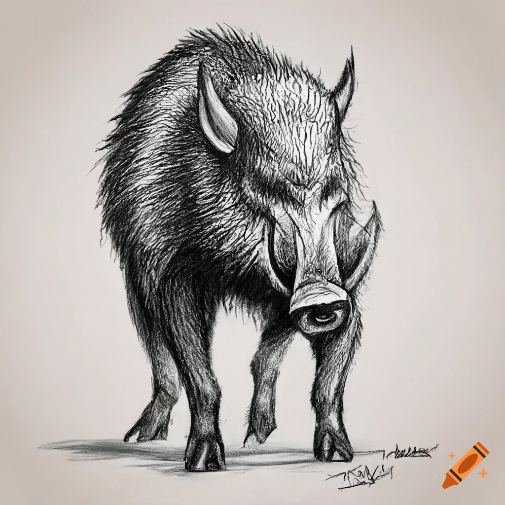 Pencil sketch of a giant wild boar with imposing stature on Craiyon