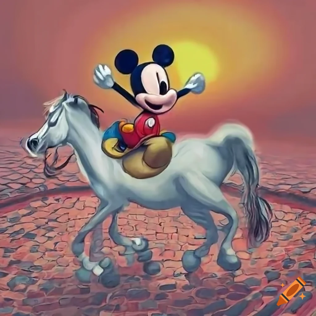 Mickey mouse riding a white stallion at sunrise