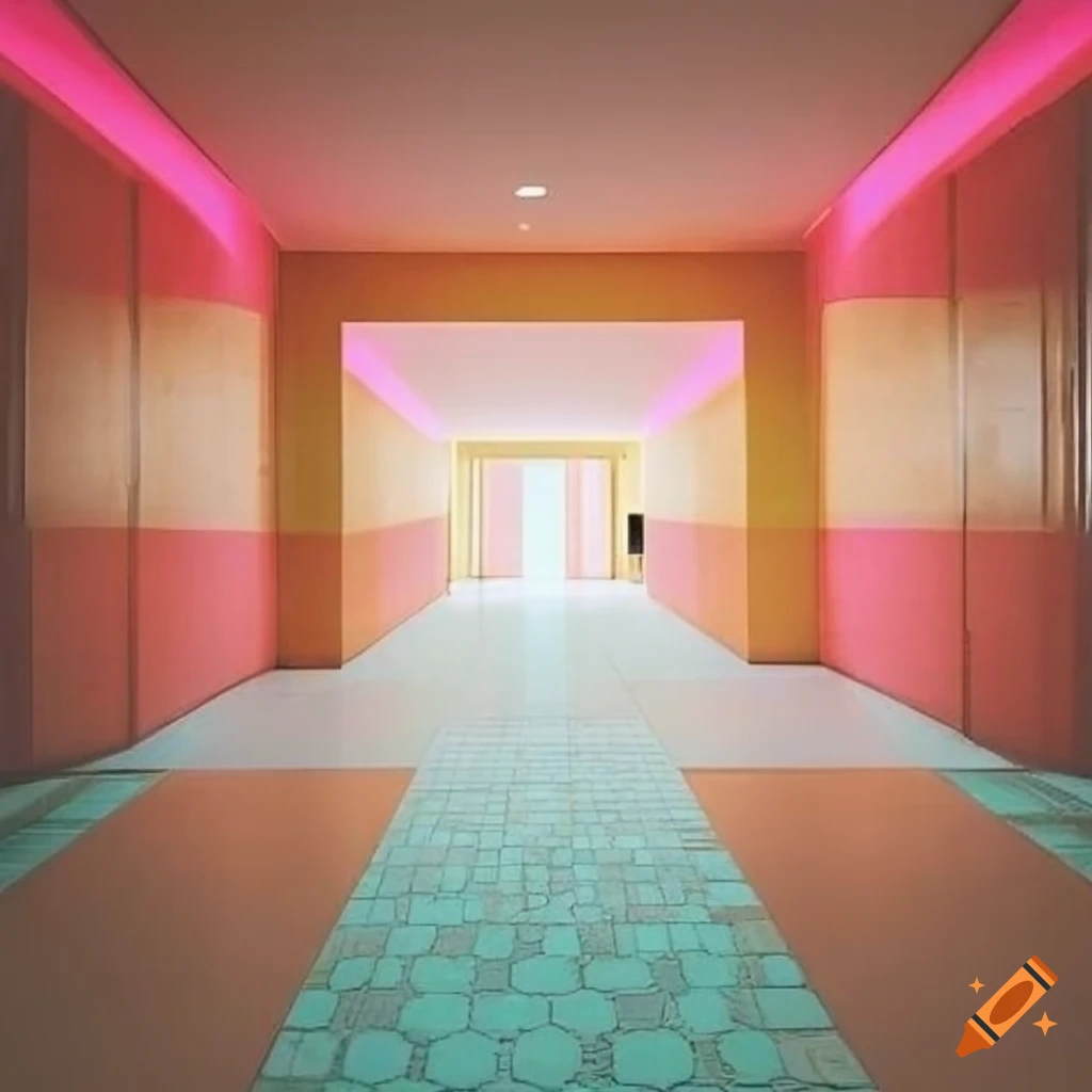 Surrealistic hotel lobby with pastel candy colors