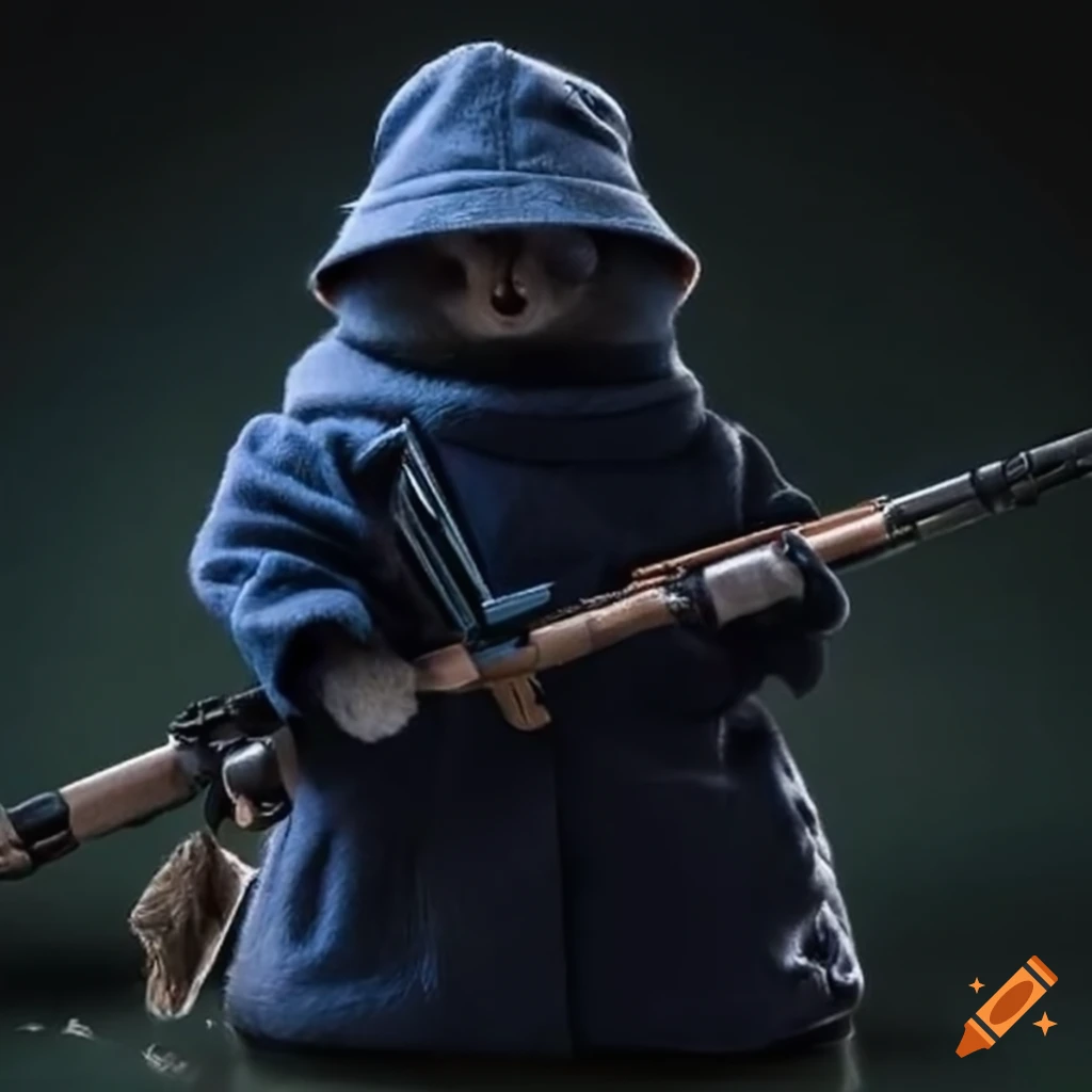 Black hamster with a sniper and dark-blue coat