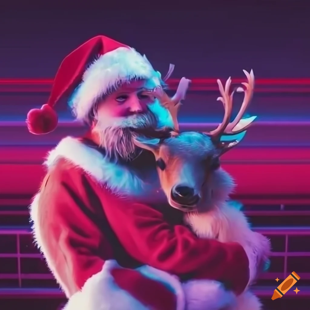Neon sunset with santa and reindeer closeup