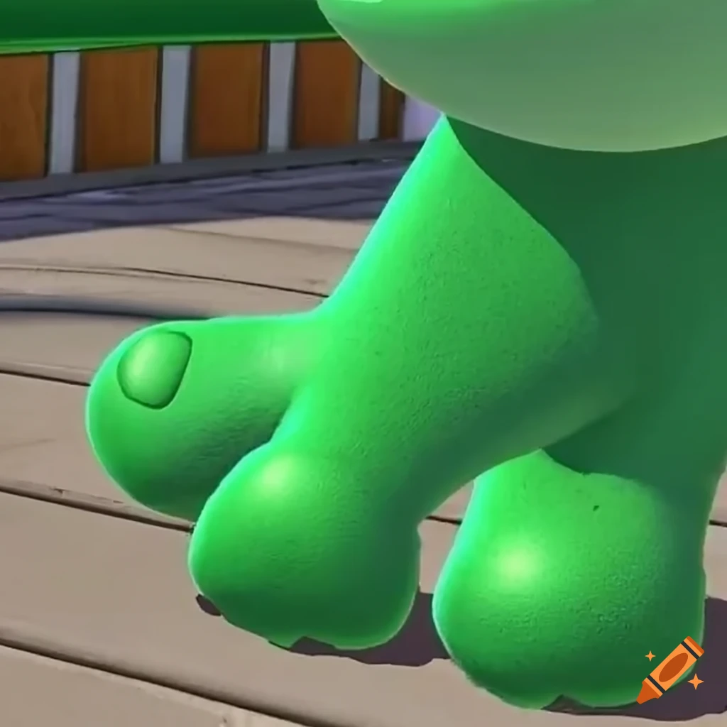 Detailed view of yoshi's green bare foot soles