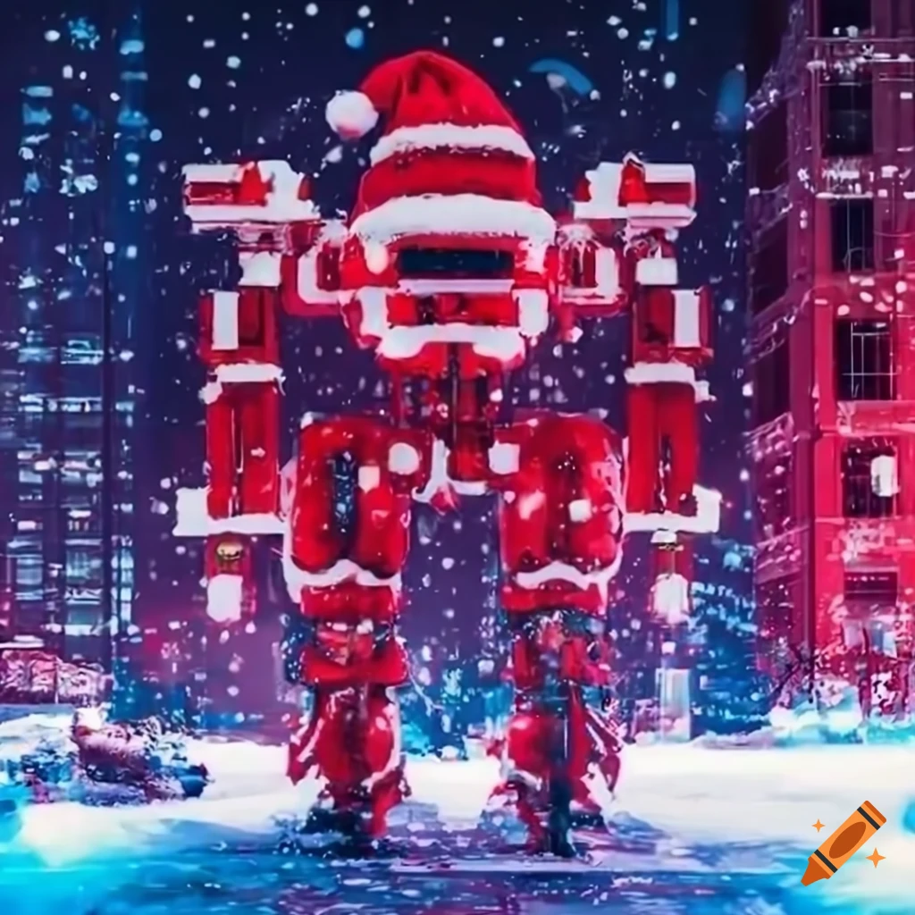 Neon city snowfall with a giant santa claus mech