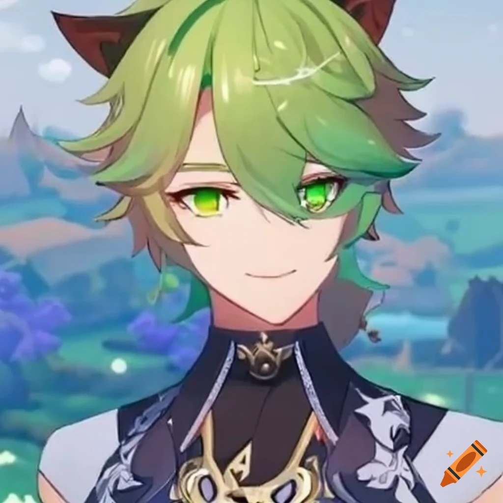 Character design of a boy with green and orange hair in genshin impact ...