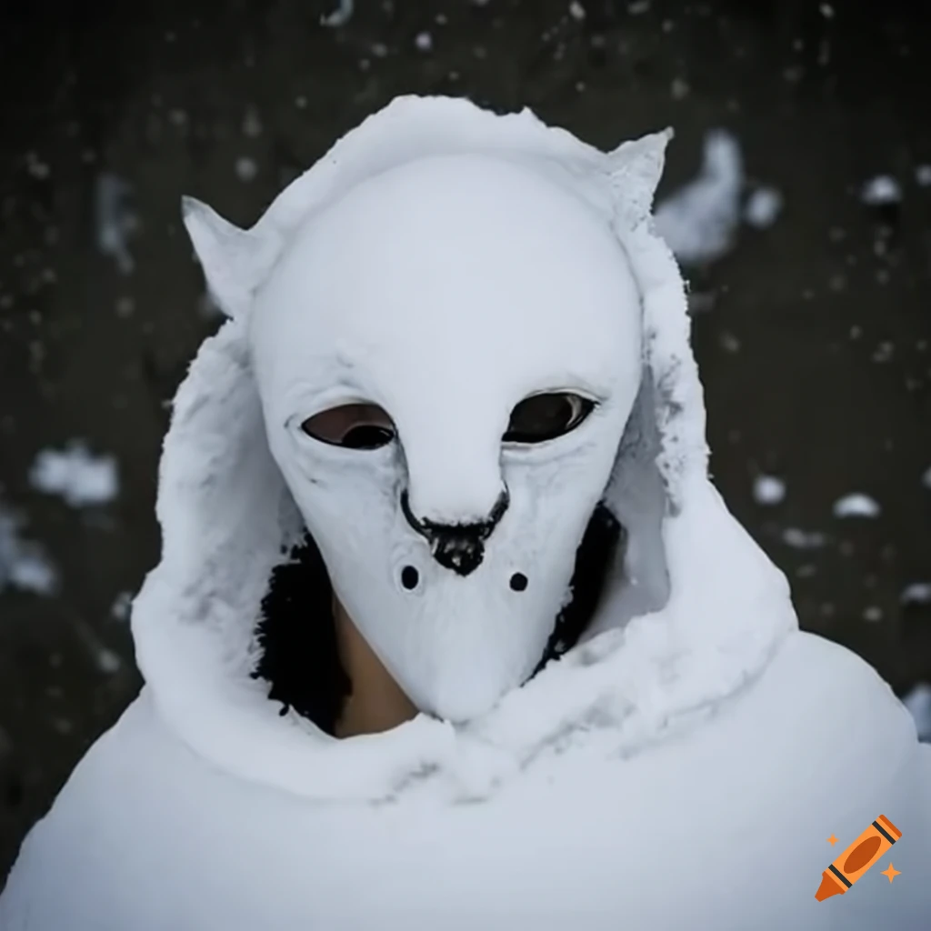 Intriguing image of a mysterious figure wearing an animal mask in snow