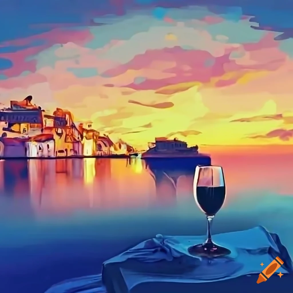 Scenic view of an Italian sea village at sunset with wine on Craiyon