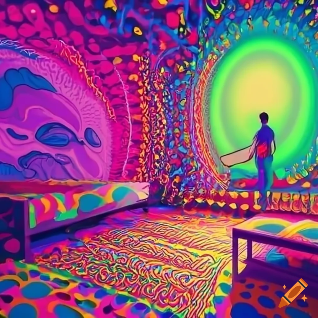 Vibrant bedroom scene with psychedelic vibes