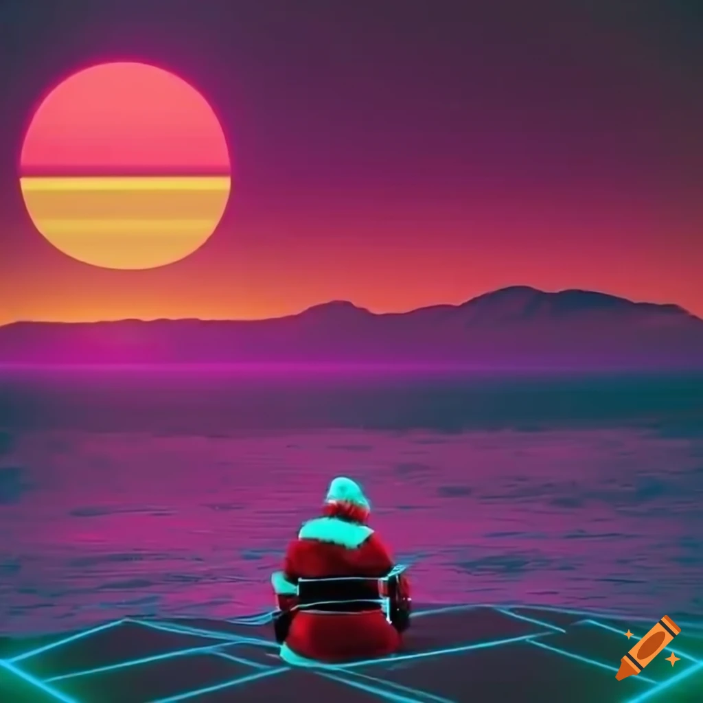 Santa claus sitting on a lunar crater at sunset