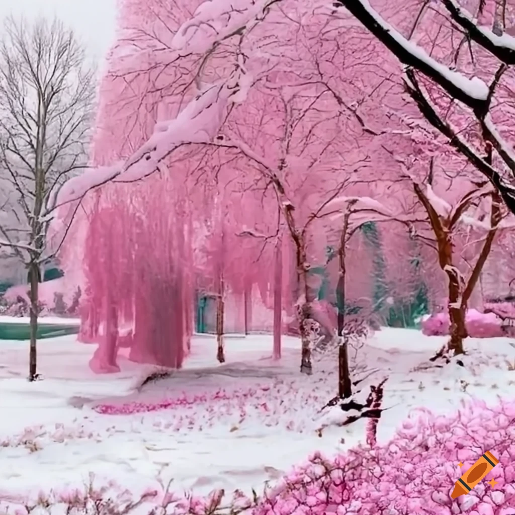Pink snowy garden scene