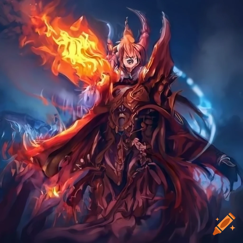 Anime illustration of a divine being controlling fire and water on Craiyon