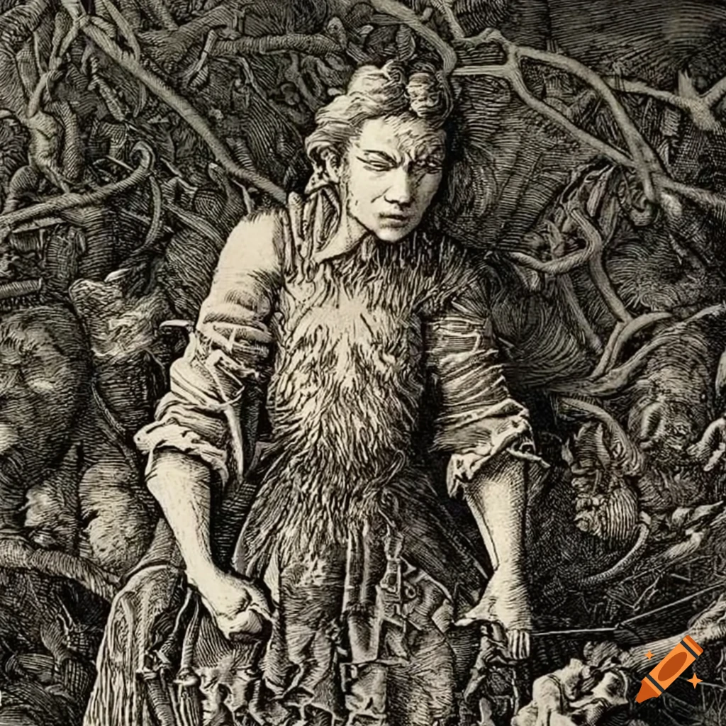 Intricate engraving of symbols formed by bone and branches on Craiyon