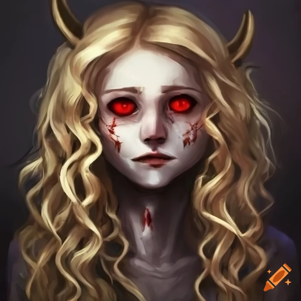Illustration of a happy ghoul with long blonde hair and horns on Craiyon