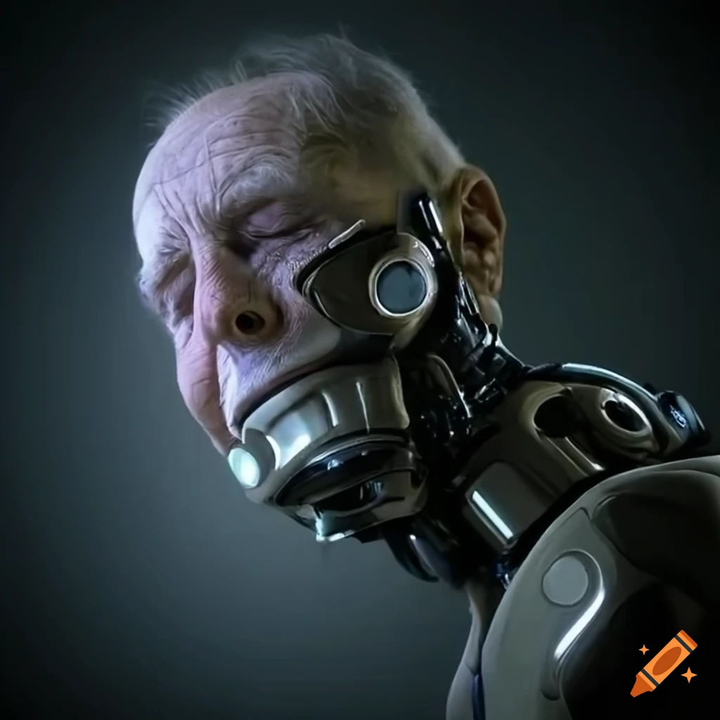 Photo of a sleeping elderly cyborg in a futuristic hospital on Craiyon