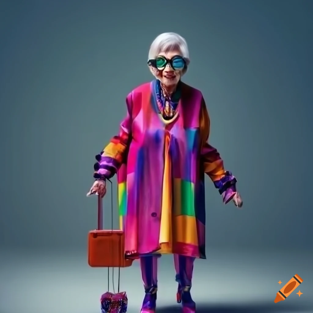 Portrait of Iris Apfel in a colorful outfit on Craiyon