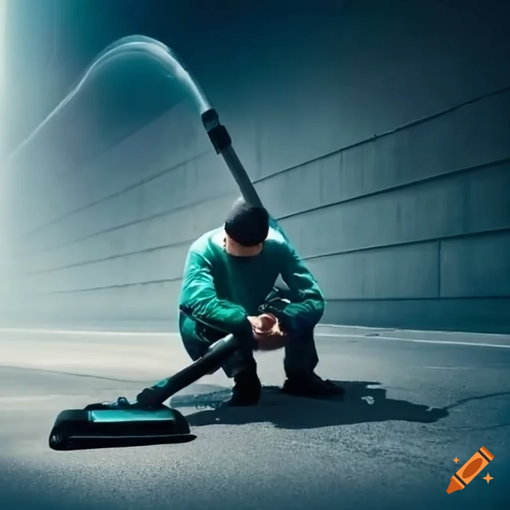 Surreal image of a racing driver on a vacuum cleaner