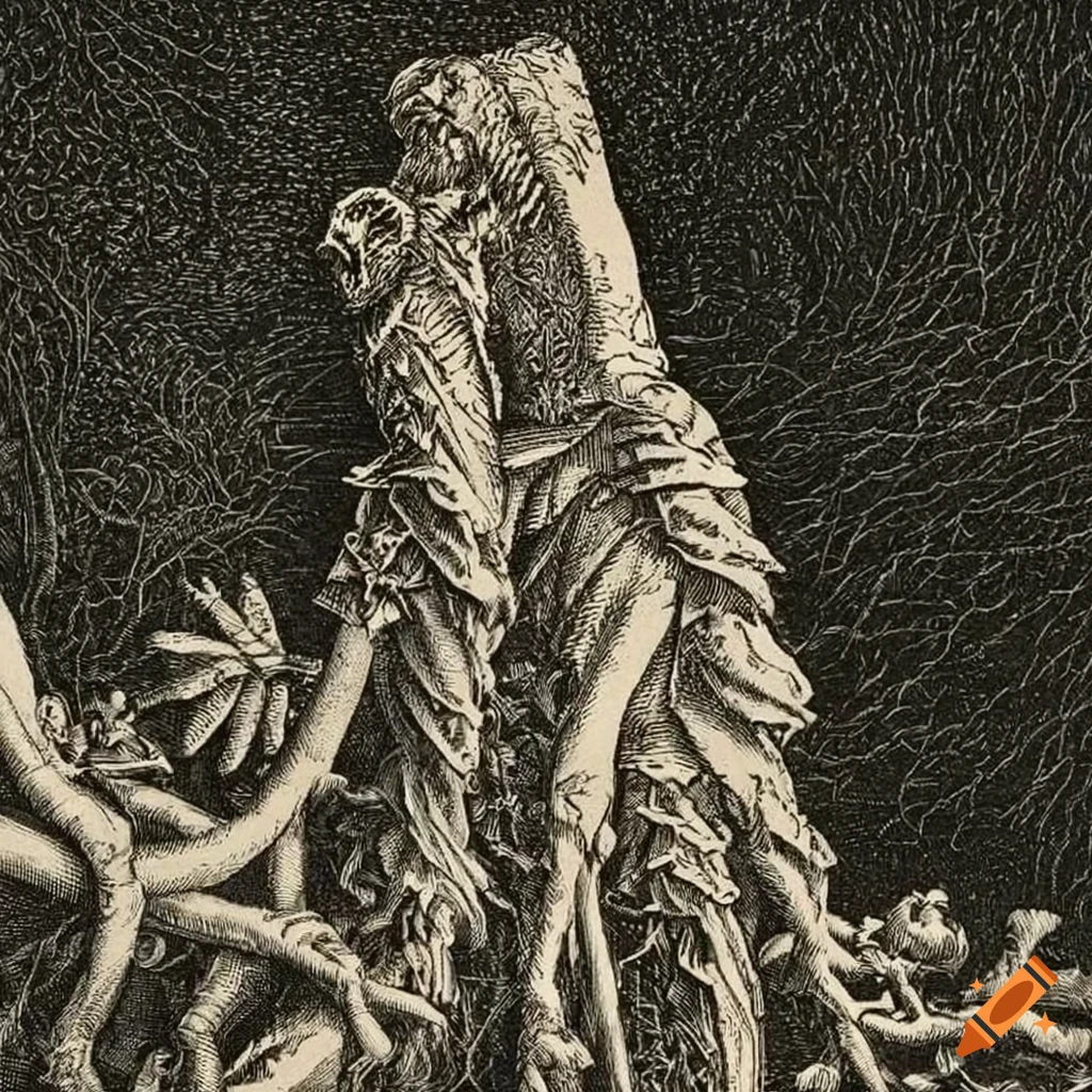 Intricate engraving of symbols formed by bone and branches on Craiyon