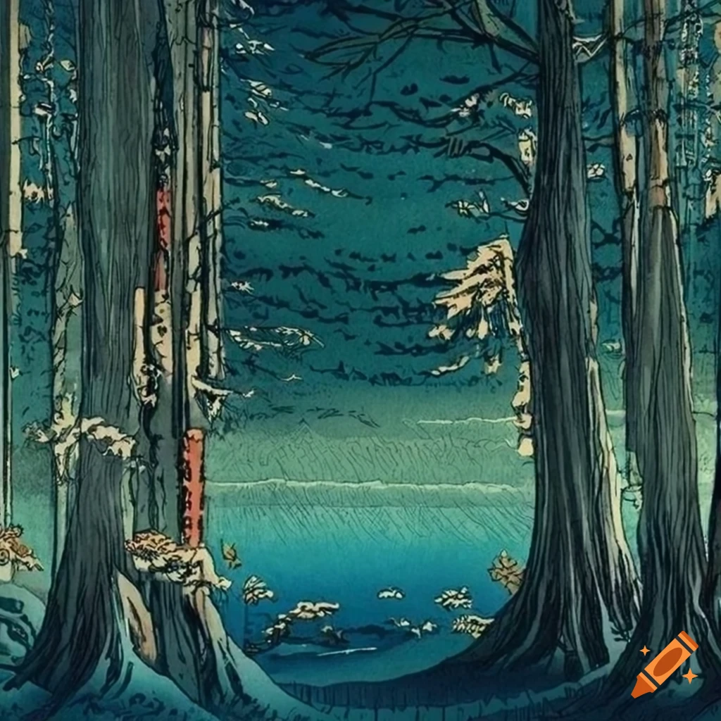 Ukiyo-e style artwork of a windy forest on Craiyon