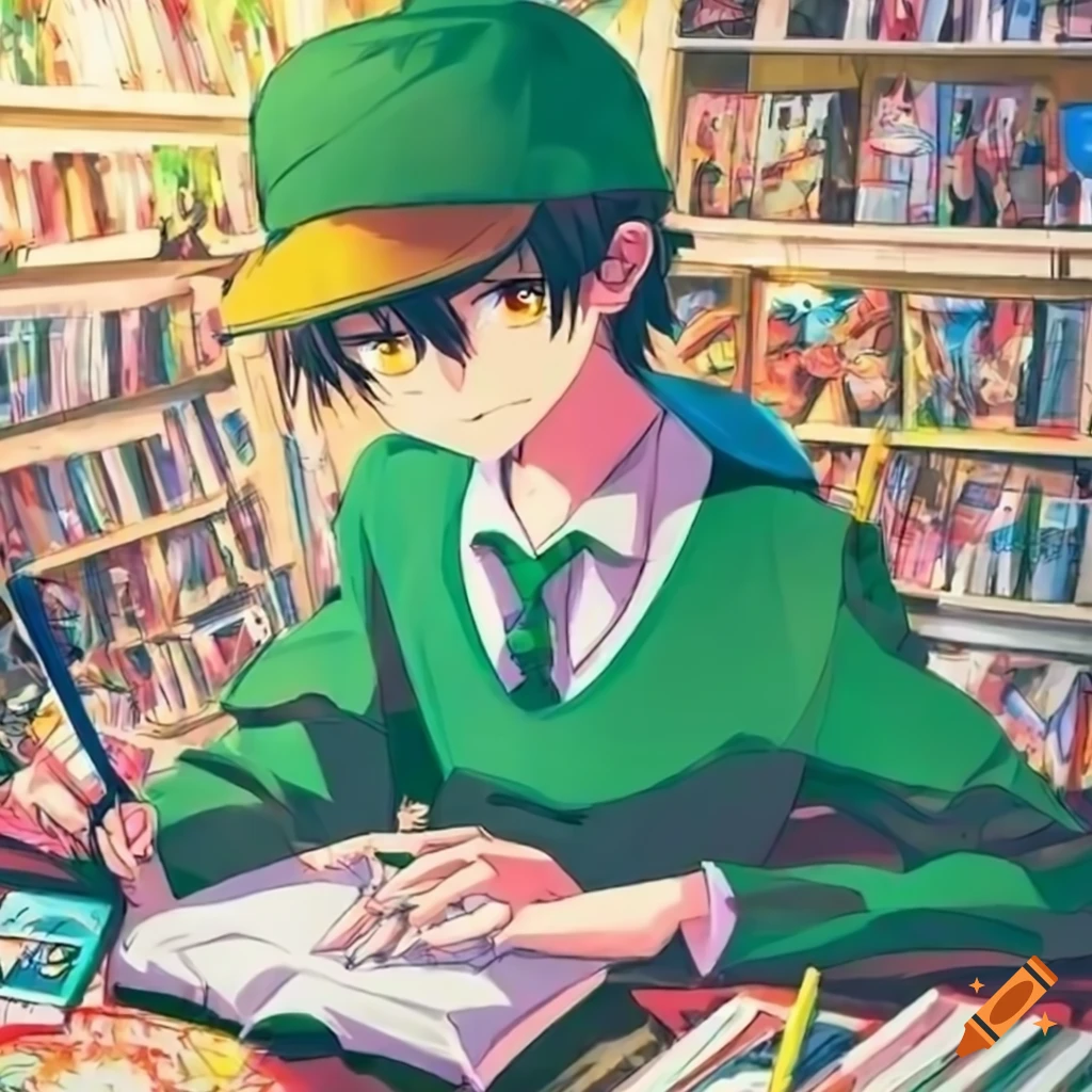 Anime boy in green outfit writing at a desk surrounded by manga