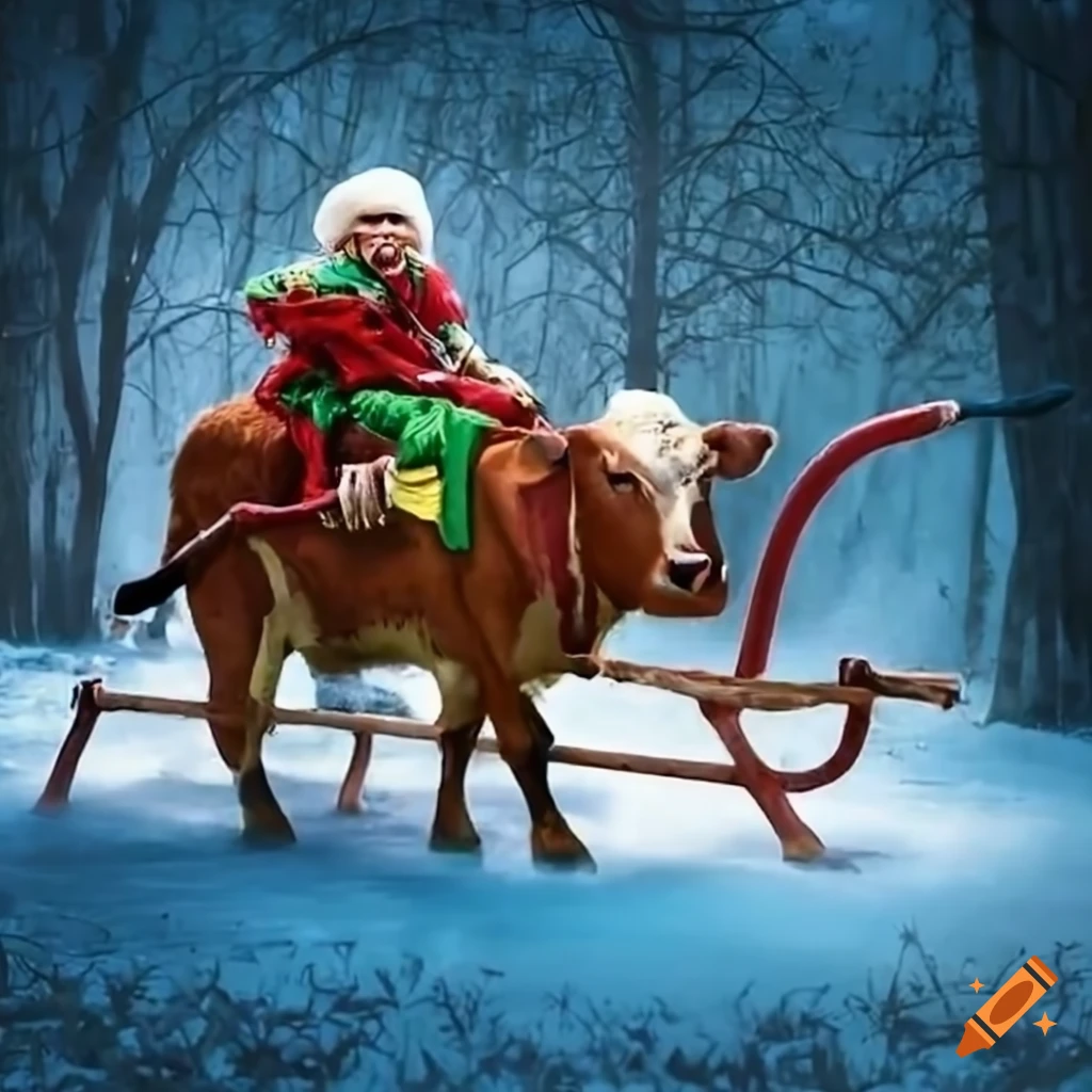 Cow pulling a reindeer sled at christmas