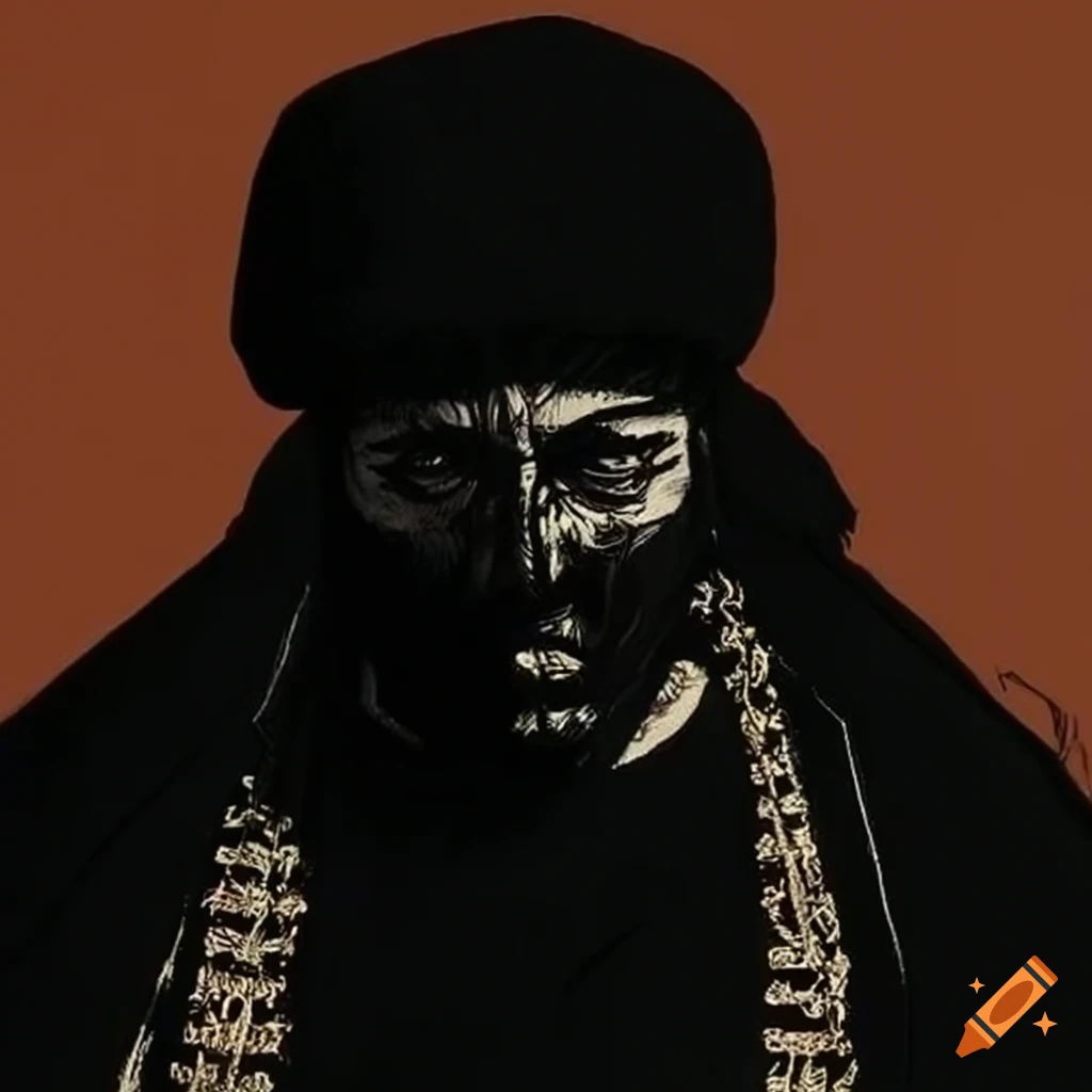 Black and white artwork of libyan men in traditional clothing