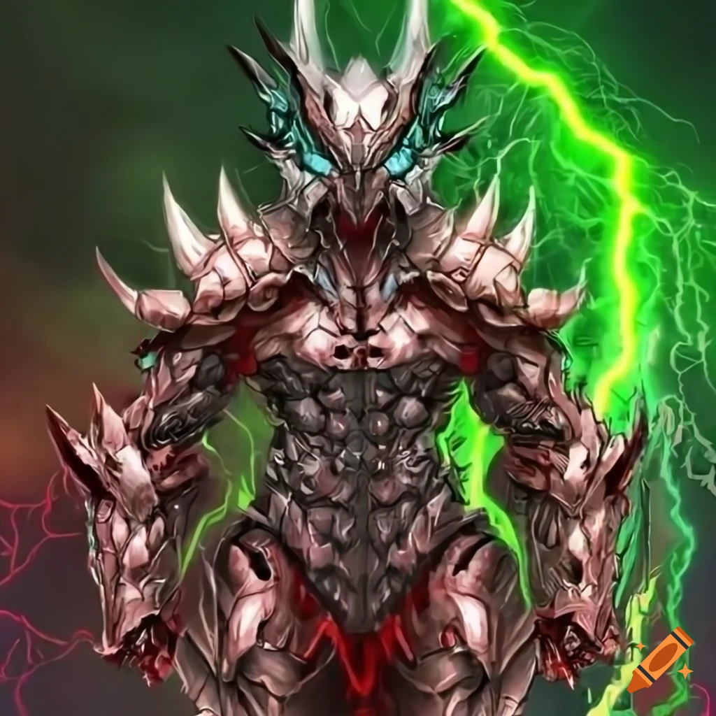 Digital artwork of a dragon warrior in cybernetic armor on Craiyon