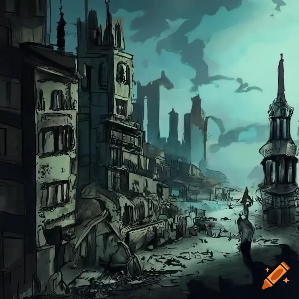 Drawing of a polluted war torn city