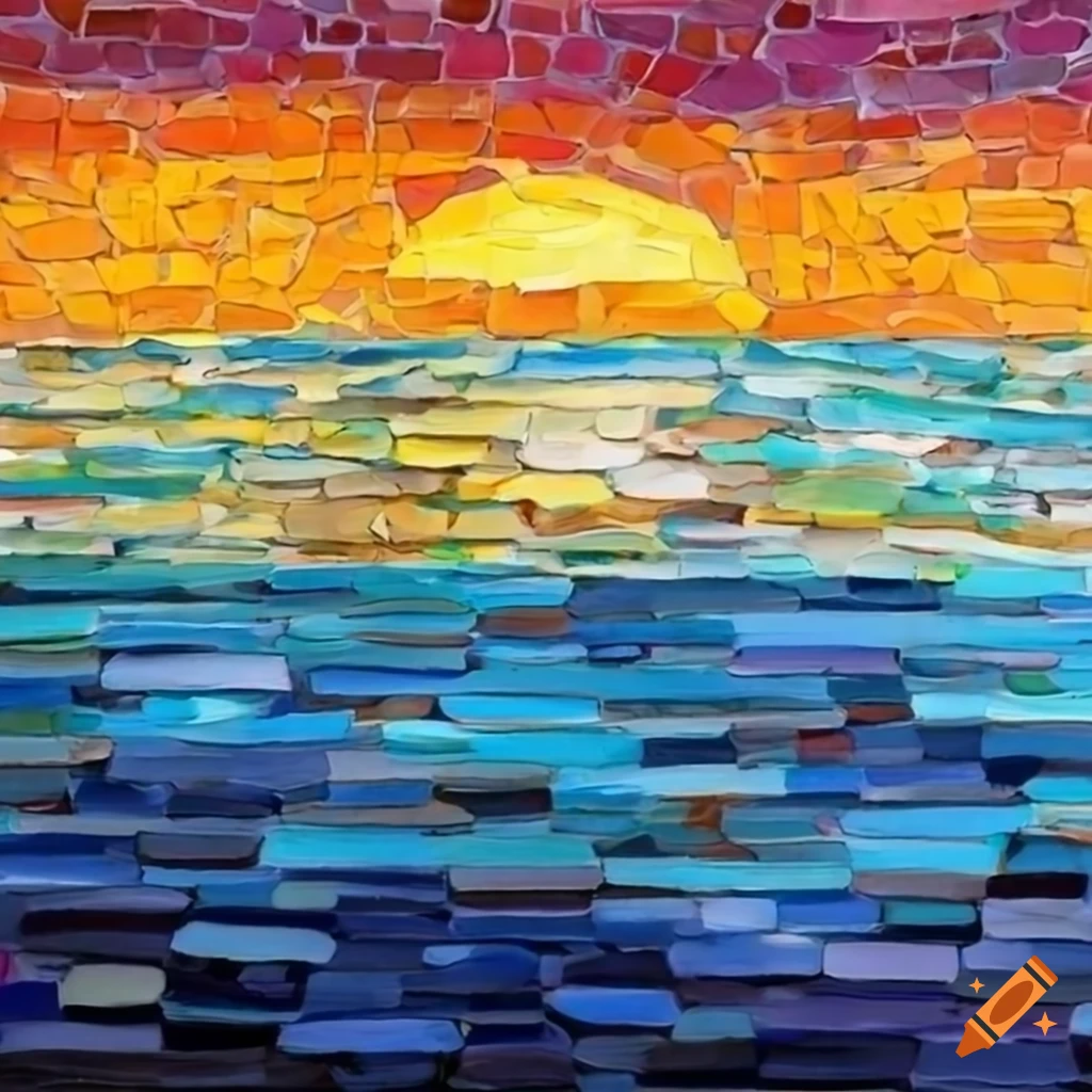Mosaic painting of sunset over sea