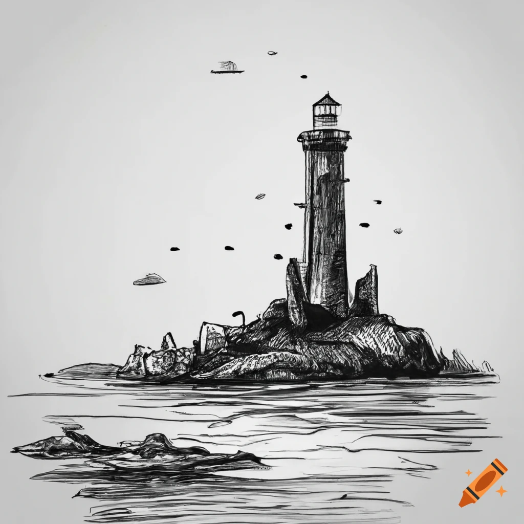 Sketch of a ruined lighthouse on rocky island