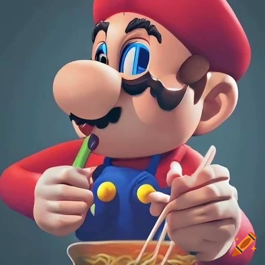 Mario enjoying a bowl of ramen