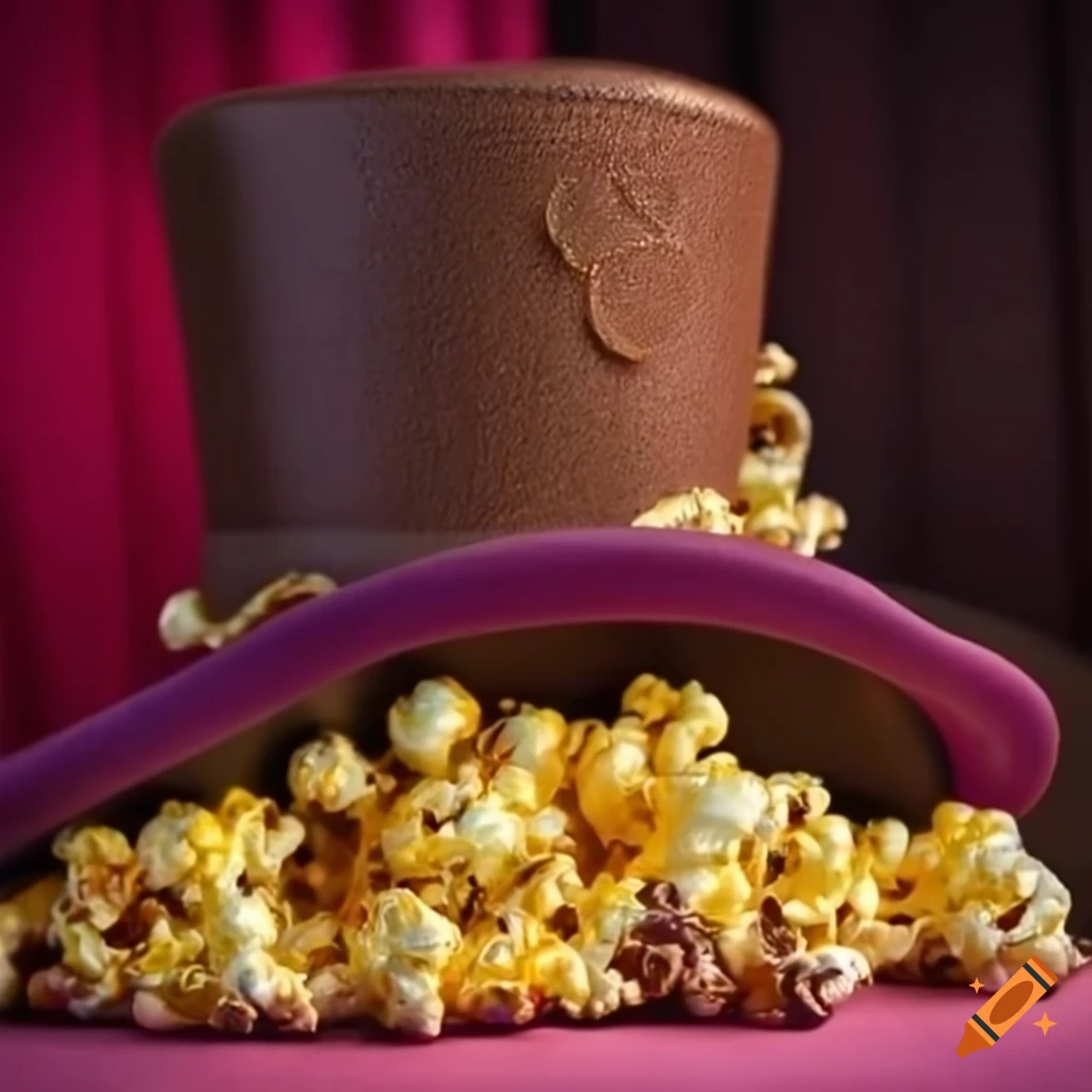 Hat filled with popcorn, reminiscent of willy wonka on Craiyon