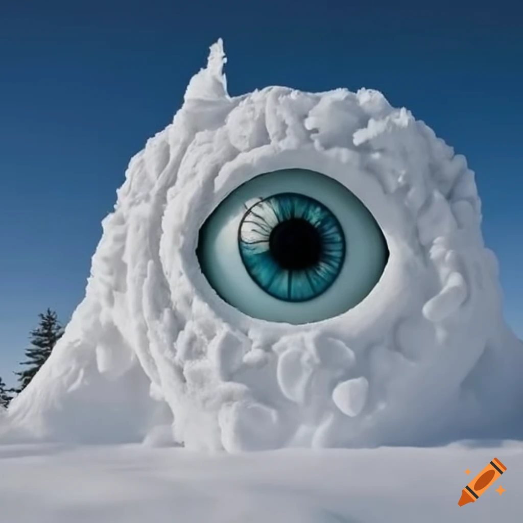 Intricate snow sculpture of an eye