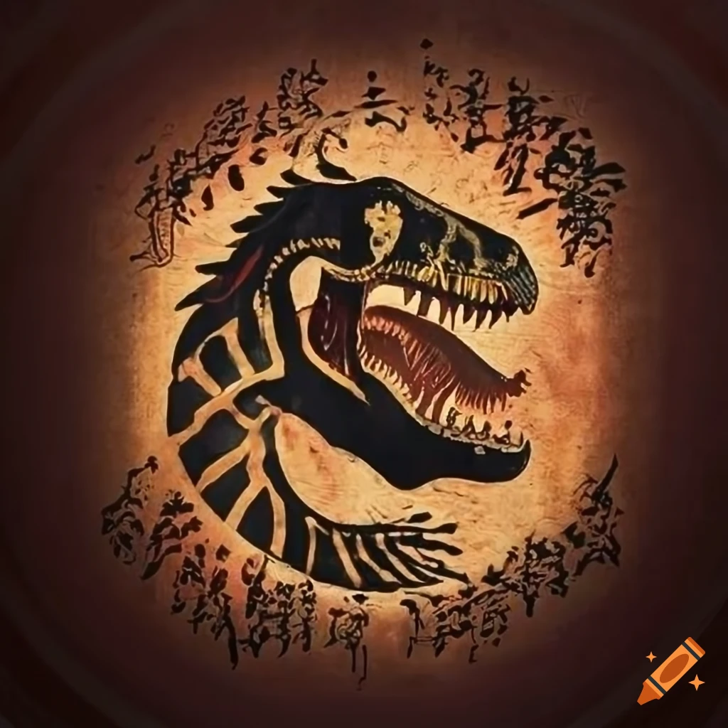 Han dynasty era rice paper tapestry with jurassic park logo