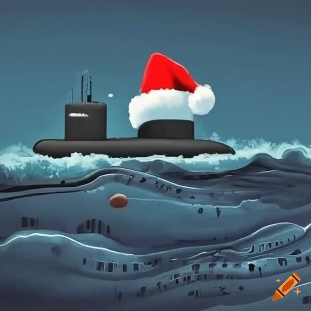 Humorous image of a nuclear submarine with a christmas hat on Craiyon