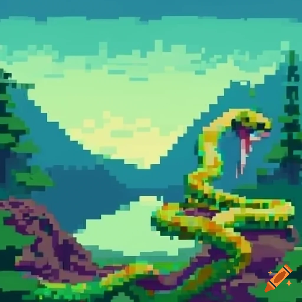 Pixel art landscape with the title 'the snake'