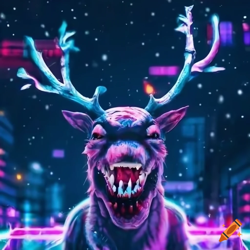Neon cyberpunk reindeer in a snowy city on Craiyon