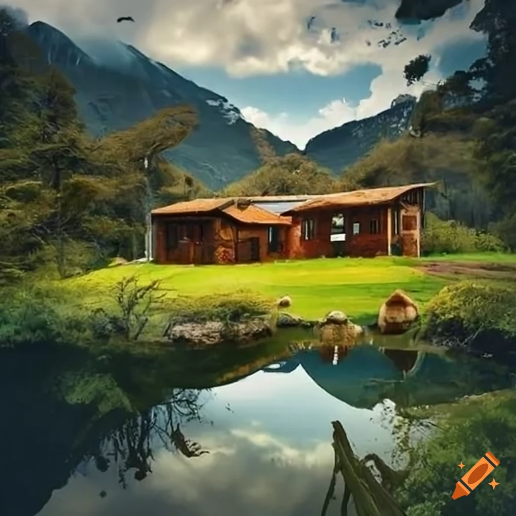 Countryside house surrounded by snow-covered mountains and a river