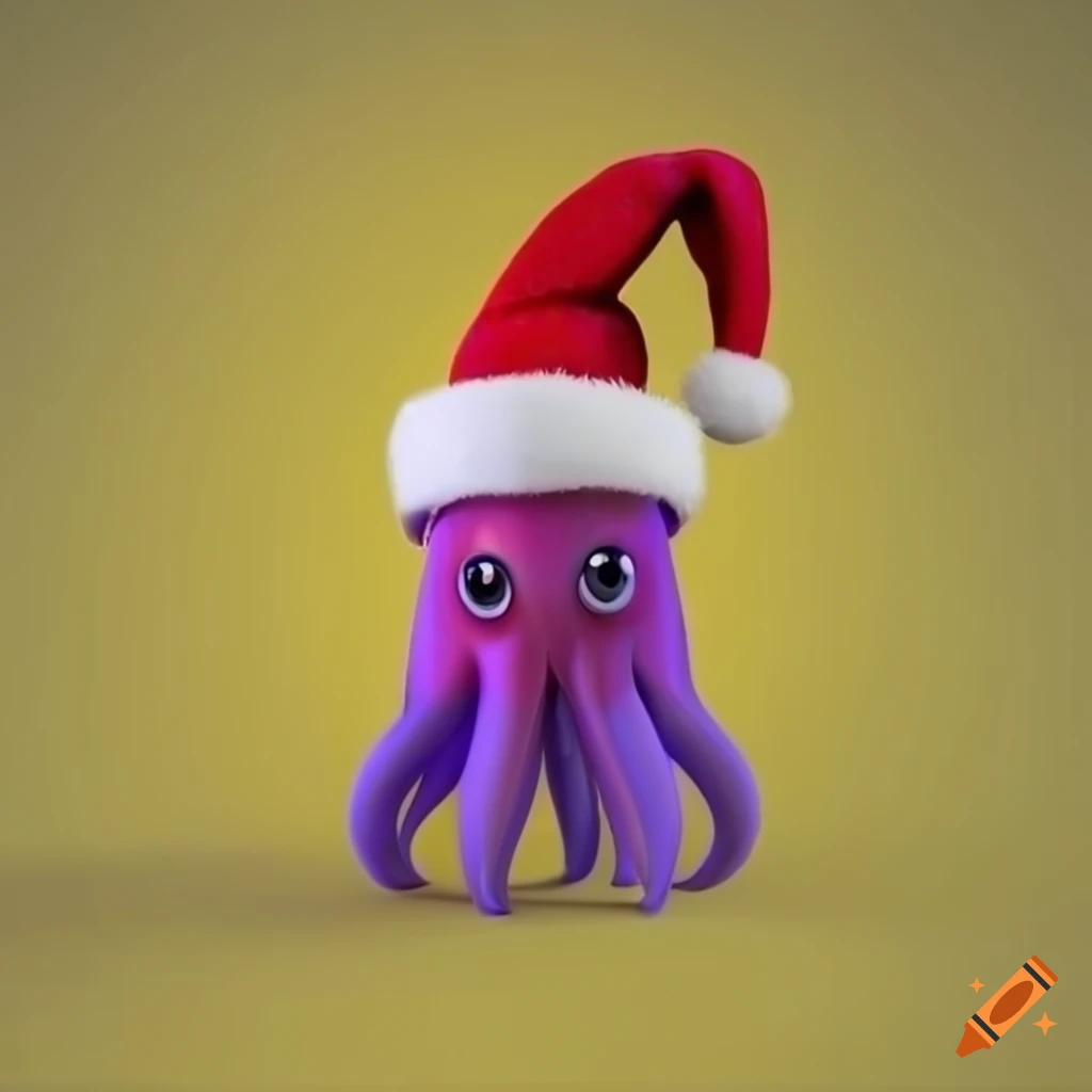 3d Christmas card with a cute squid wearing a Santa hat on Craiyon