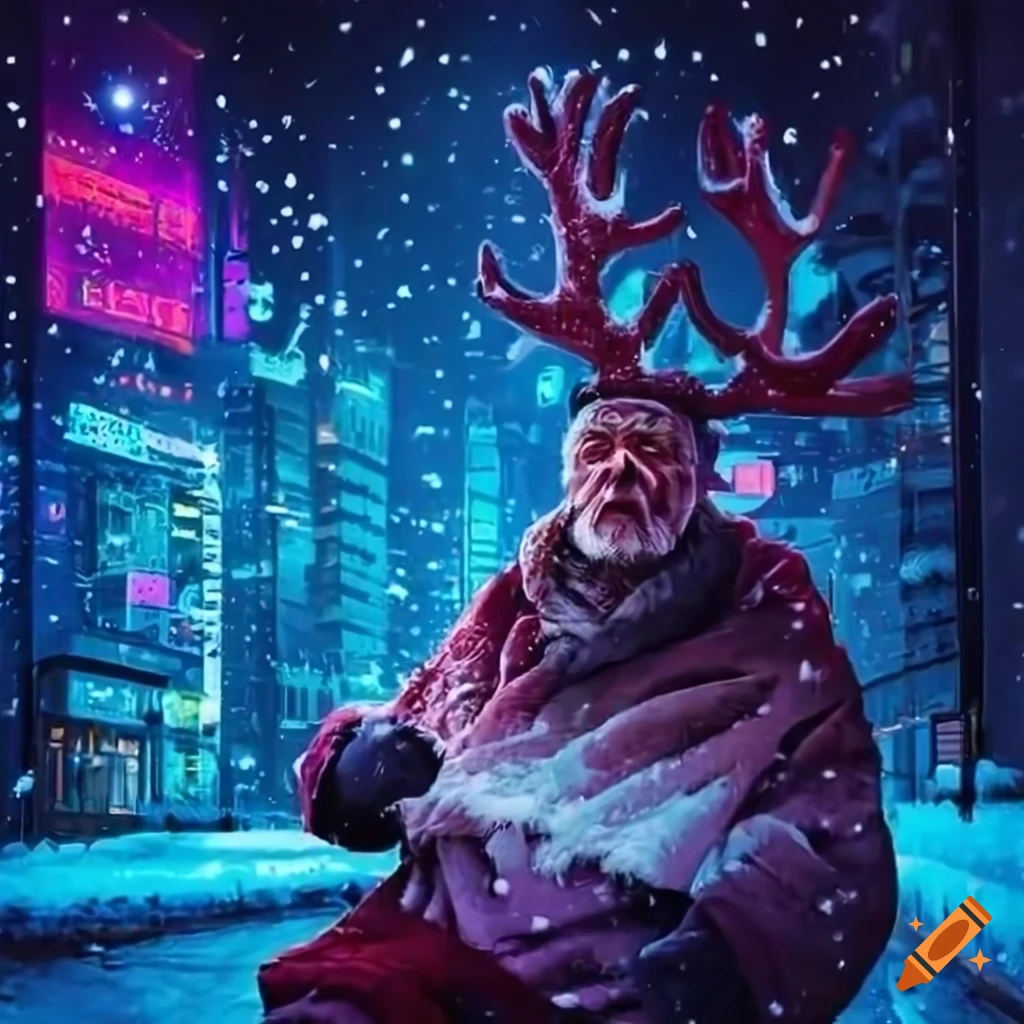 Neon cyberpunk city snowfall with homeless man wearing reindeer antlers ...