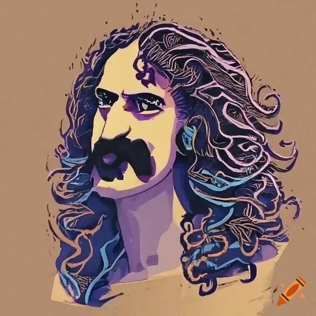 Linocut print of frank zappa