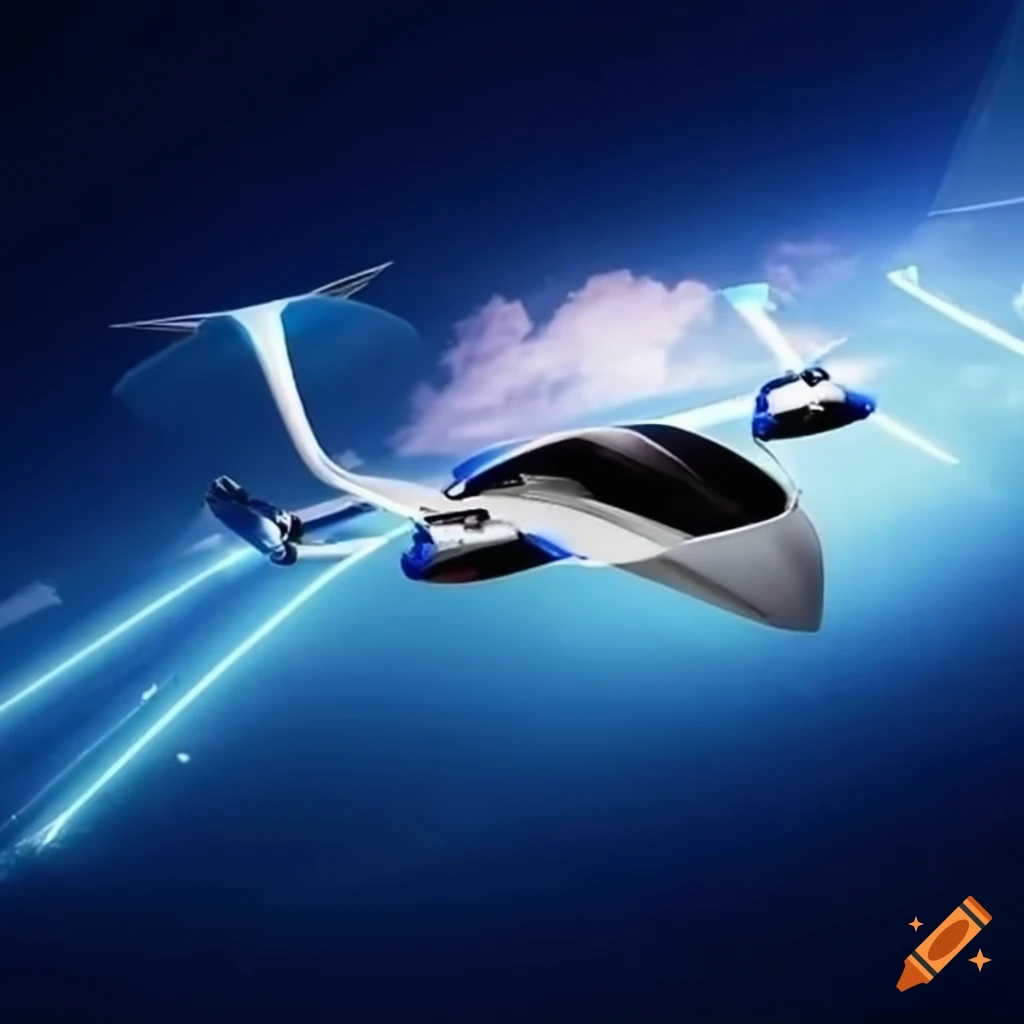 Sleek and futuristic flying car in the sky