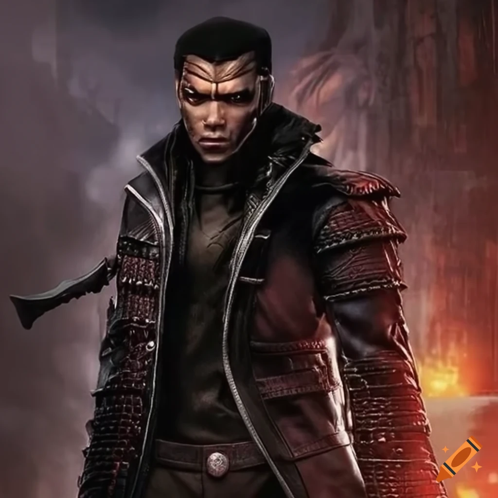 Image of marvel's blade in a black jacket with samurai motif