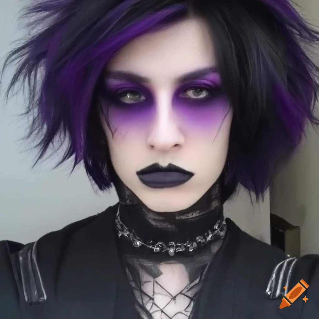 Portrait of a goth person with dark purple and black hair